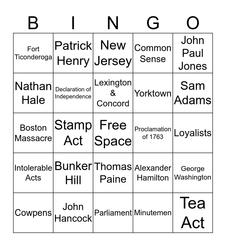 Revolutionary War ~ Valyn Survance Bingo Card