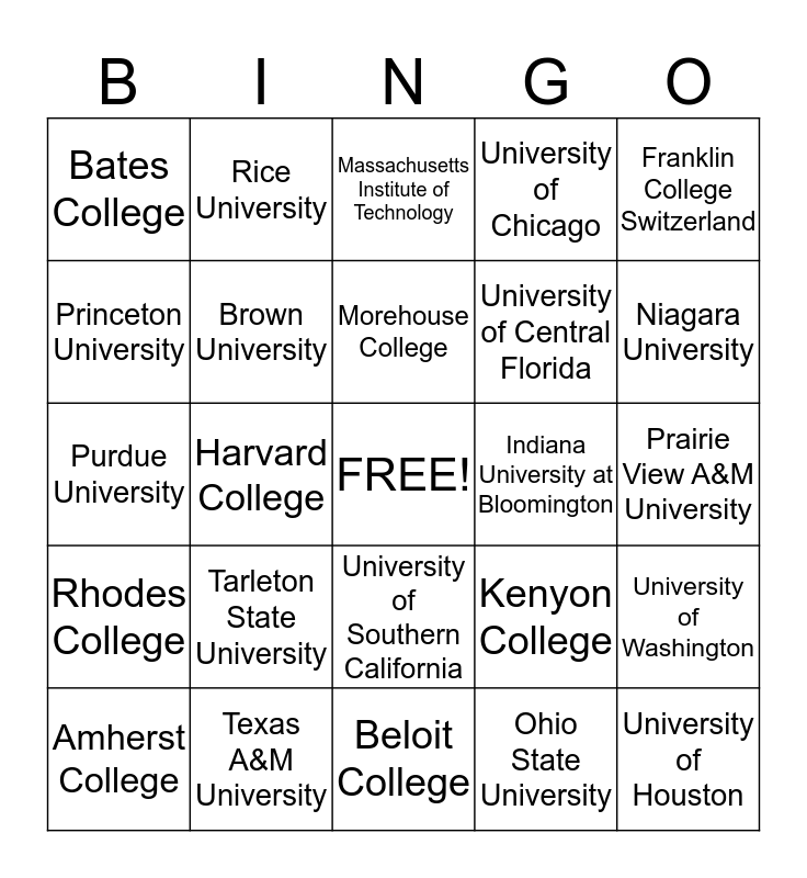 University Bingo!!!! Bingo Card