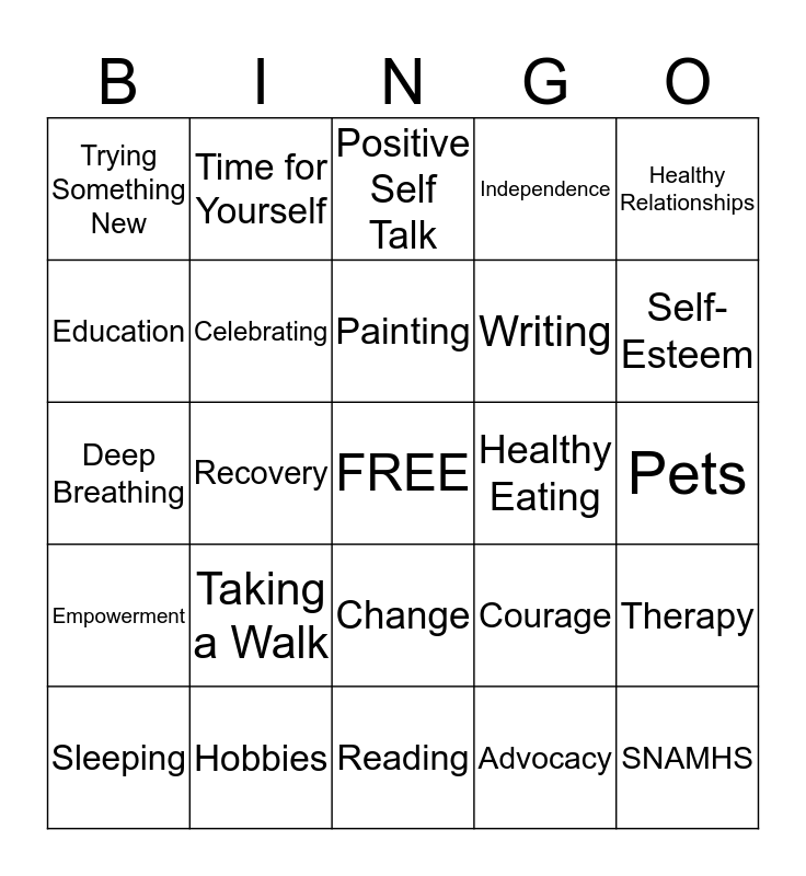 Recovery Bingo Card