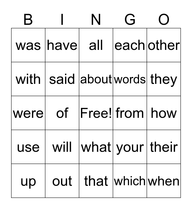 First 100 Fry Sight Words 1-55 Bingo Card