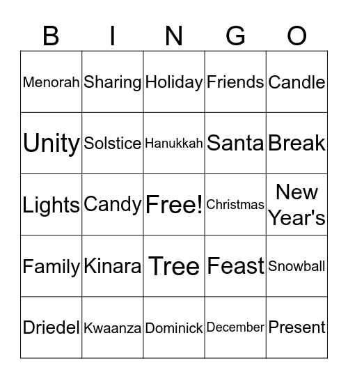 Winter Holidays Bingo Card