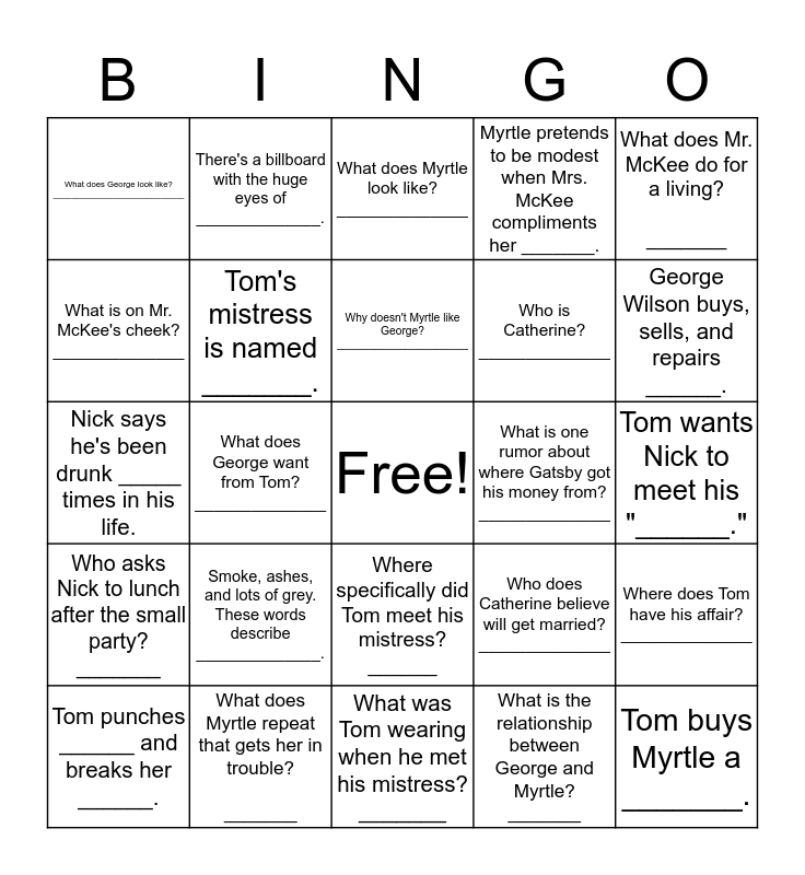 Gatsby Chapter 2 Bingo Card