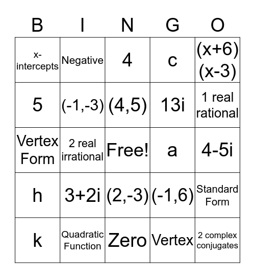 Quadratics Bingo Card