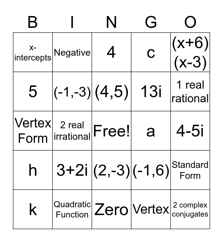 Quadratics Bingo Card