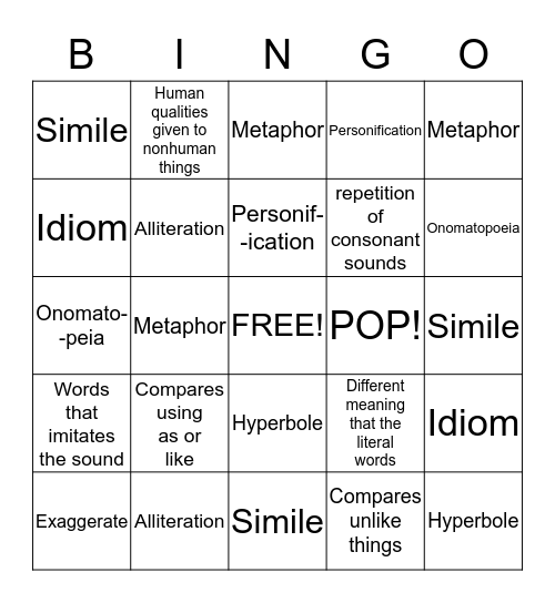 Figurative Language Bingo Card
