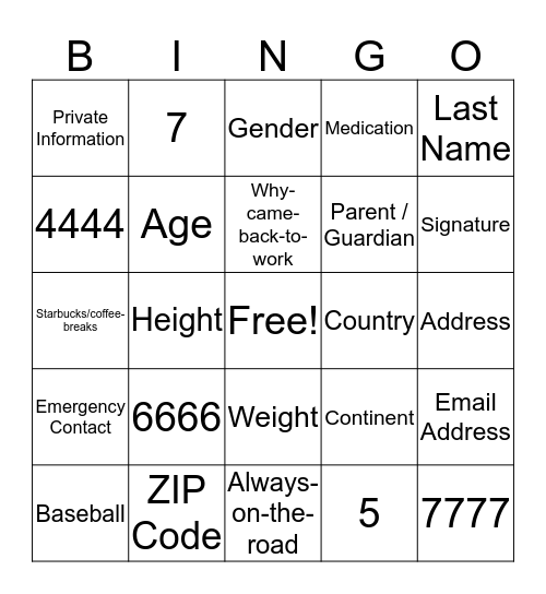 Personal Information Bingo Card