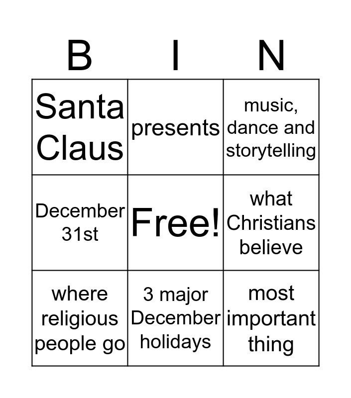 December Holidays in the U.S.A. Bingo Card
