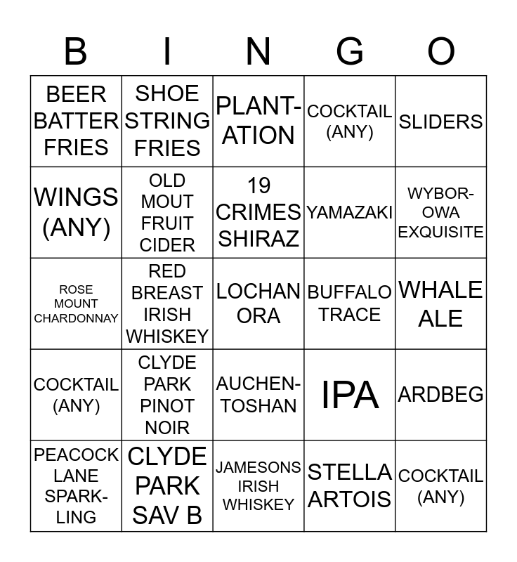 BAR BINGO NAME-___________________ Bingo Card