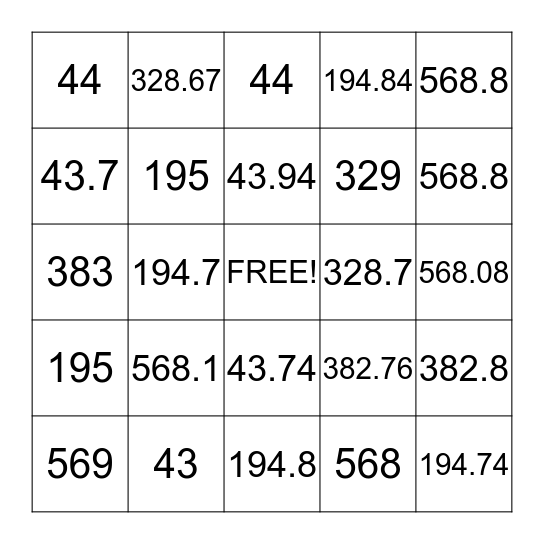 Rounding Decimals Bingo Card