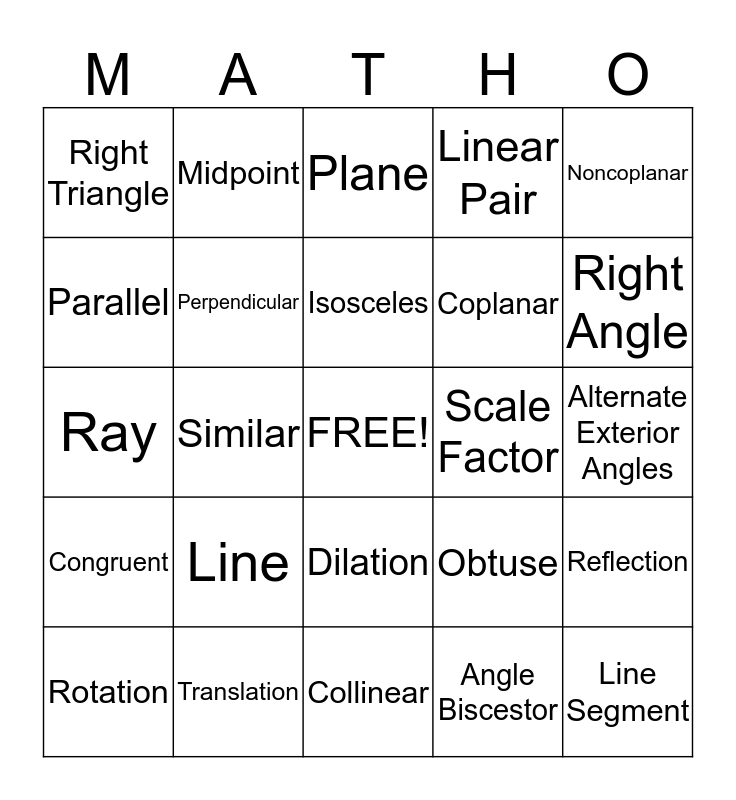 Geometry Vocabulary Bingo Card