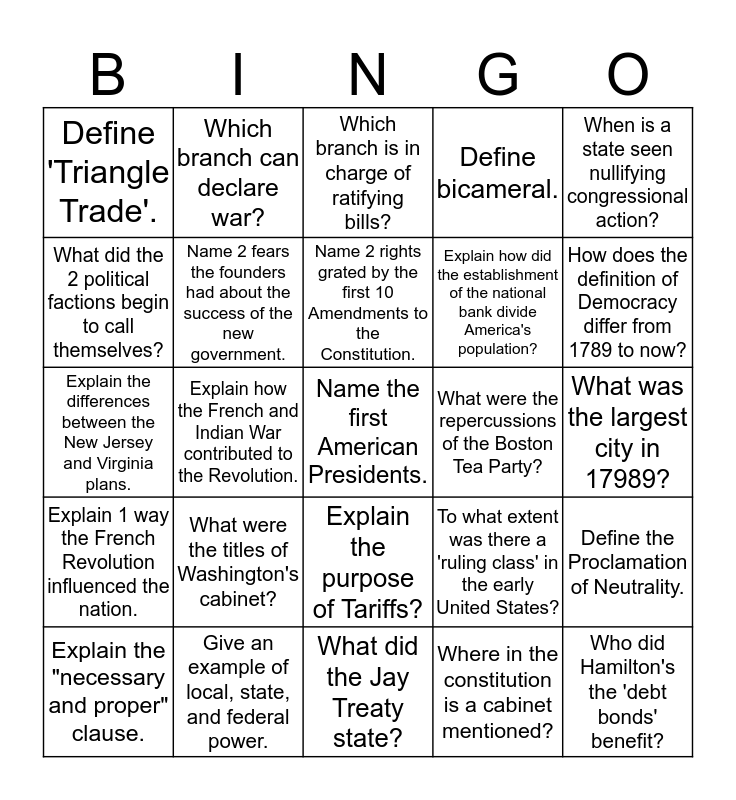 Washington and the New Nation Bingo Card