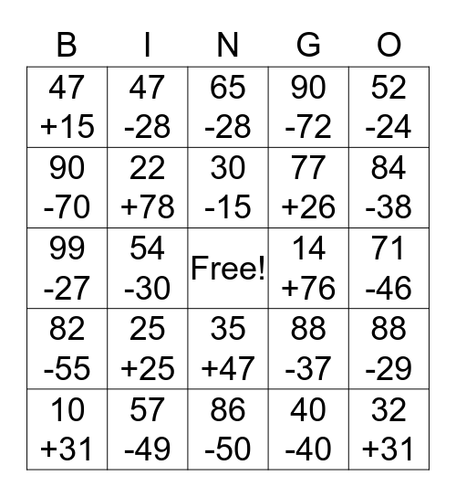 2-digit Addition and Subtraction Bingo Card