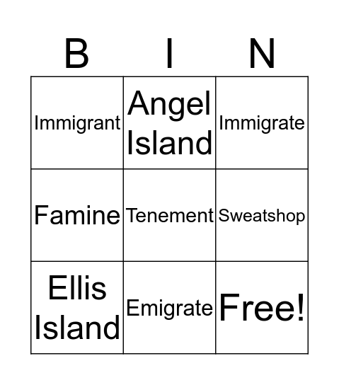 Immigration Bingo Card