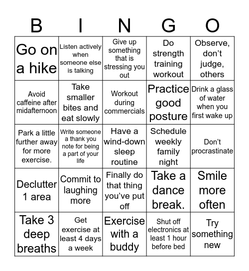 Healthy Habits Bingo Card