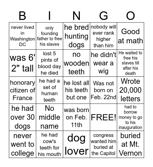 George Washington Bingo Card
