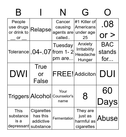 Alcohol and Drugs Bingo Card