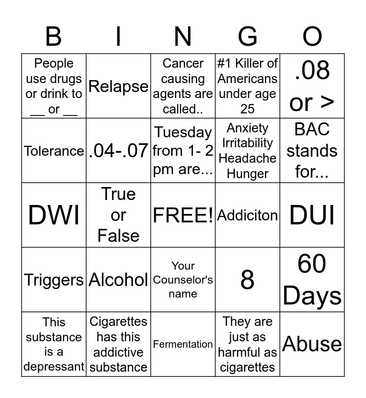 Alcohol and Drugs Bingo Card