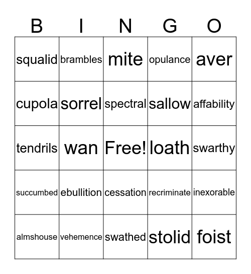 "ETHAN FROME" VOCABULARY #2 Bingo Card