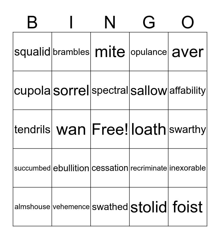 "ETHAN FROME" VOCABULARY #2 Bingo Card