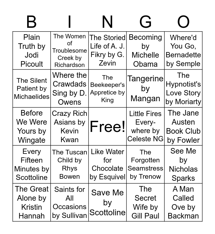 Book Club Bingo Card