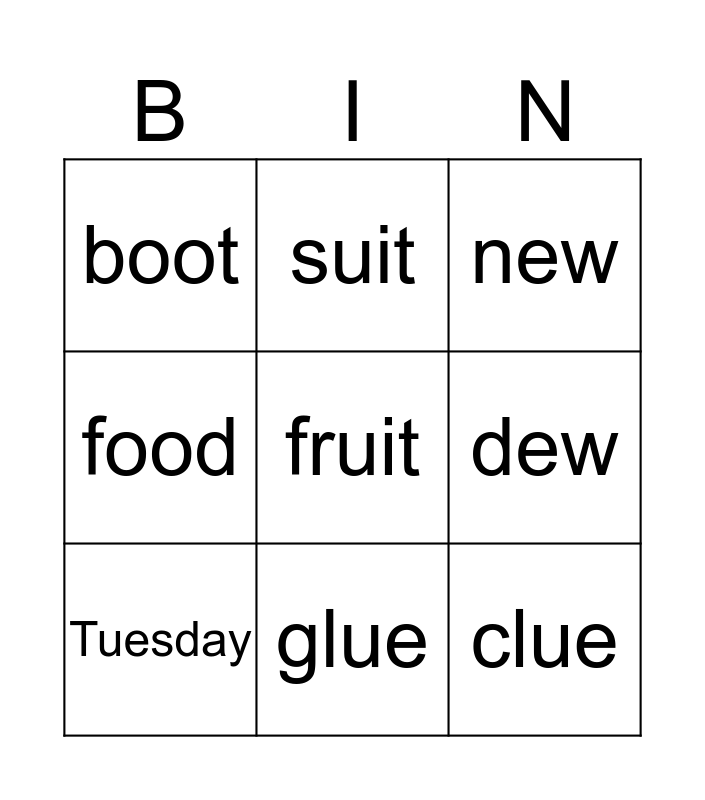 Long U Bingo Card