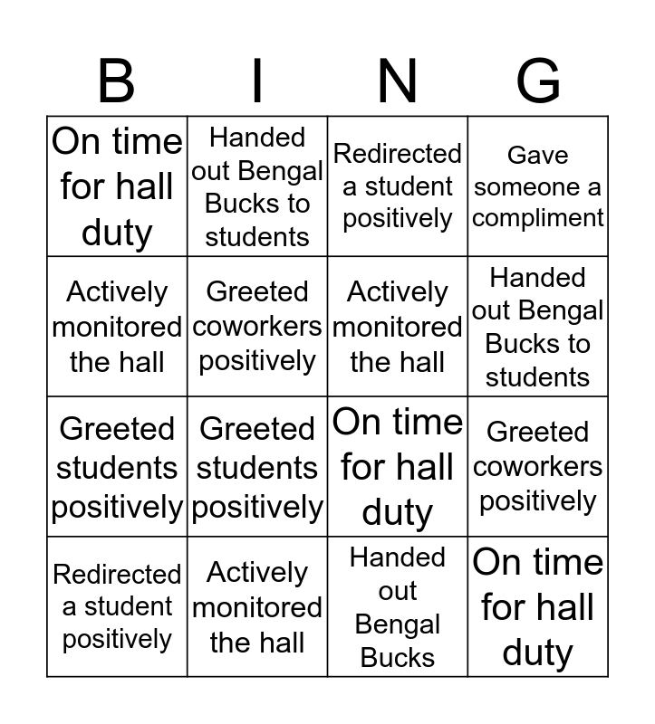 Staff PBIS Hallway Bingo Card