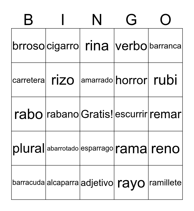 Palabras R y RR Bingo Card