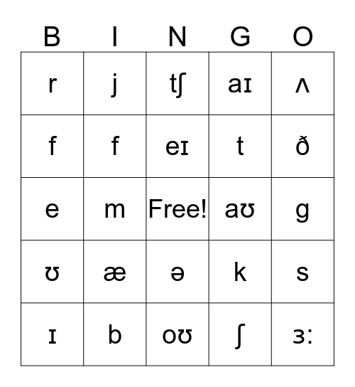 Phonetic Symbols Bingo Card
