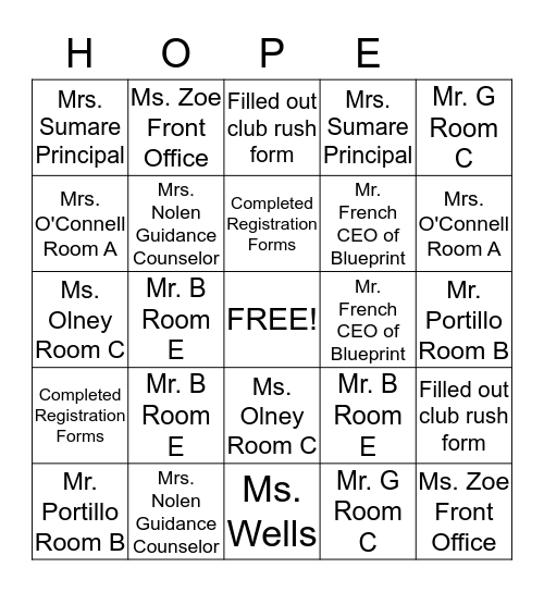 HHS OPEN HOUSE 2014 Bingo Card