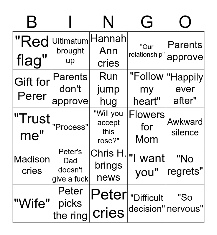 The Bachelor Bingo Card