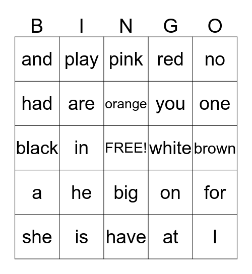 Sight Word Bingo Card