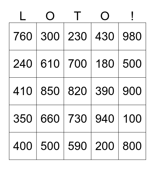 Les nombres de 100 à 1000 Bingo Card