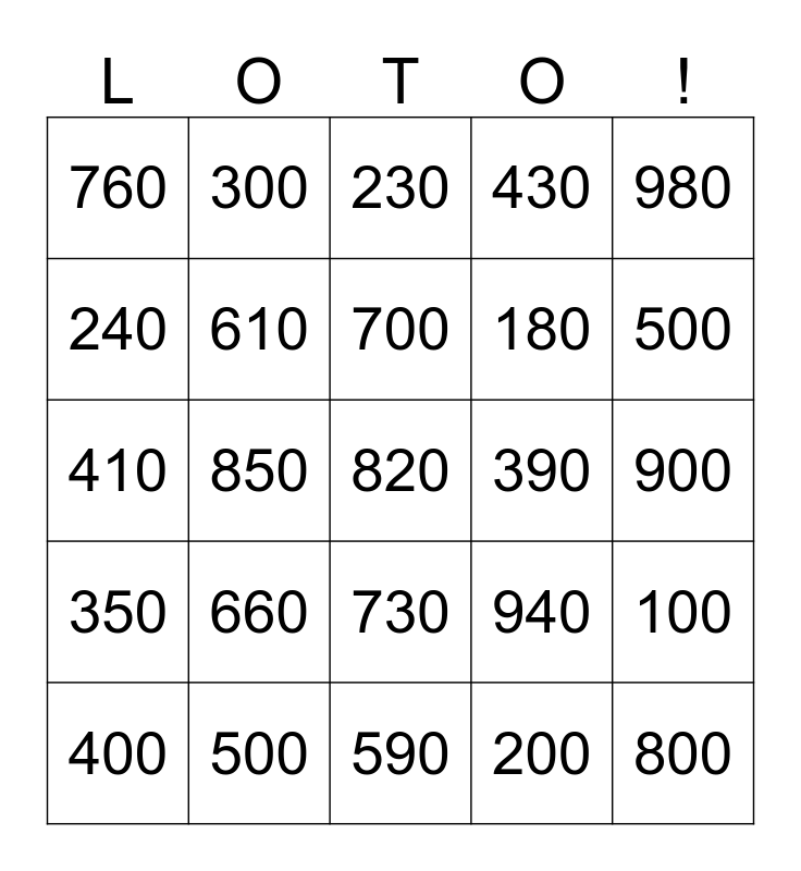 Les nombres de 100 à 1000 Bingo Card