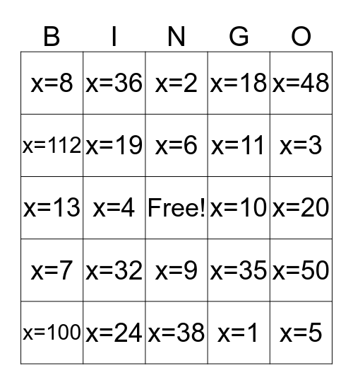 One-Step Equation Bingo Card