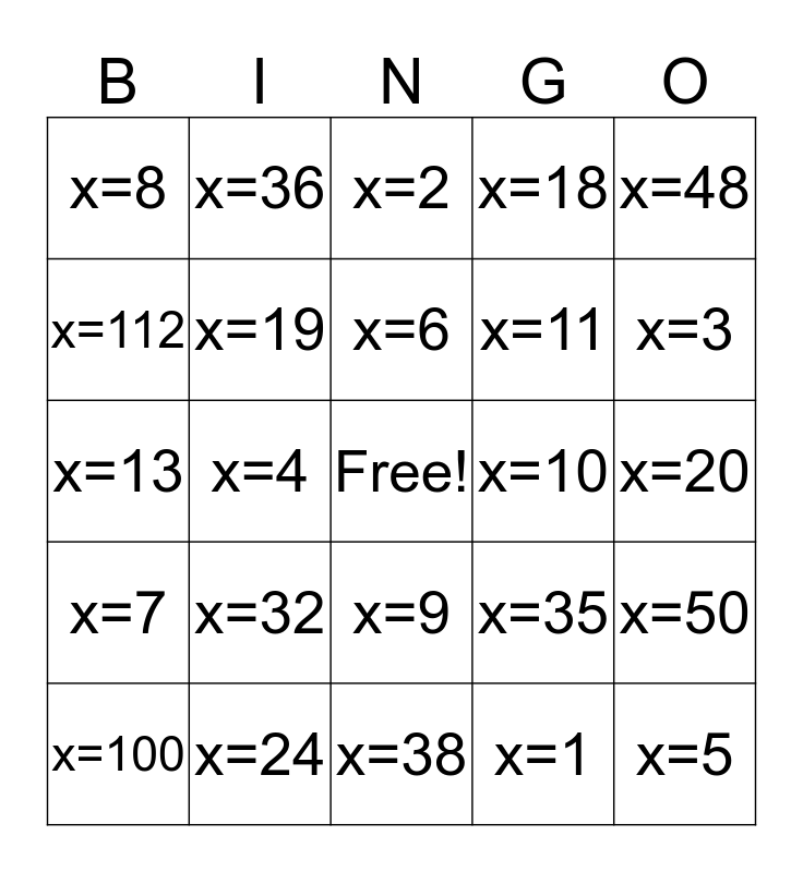 One Step Equation Bingo Card One Step Equation Bingo Card