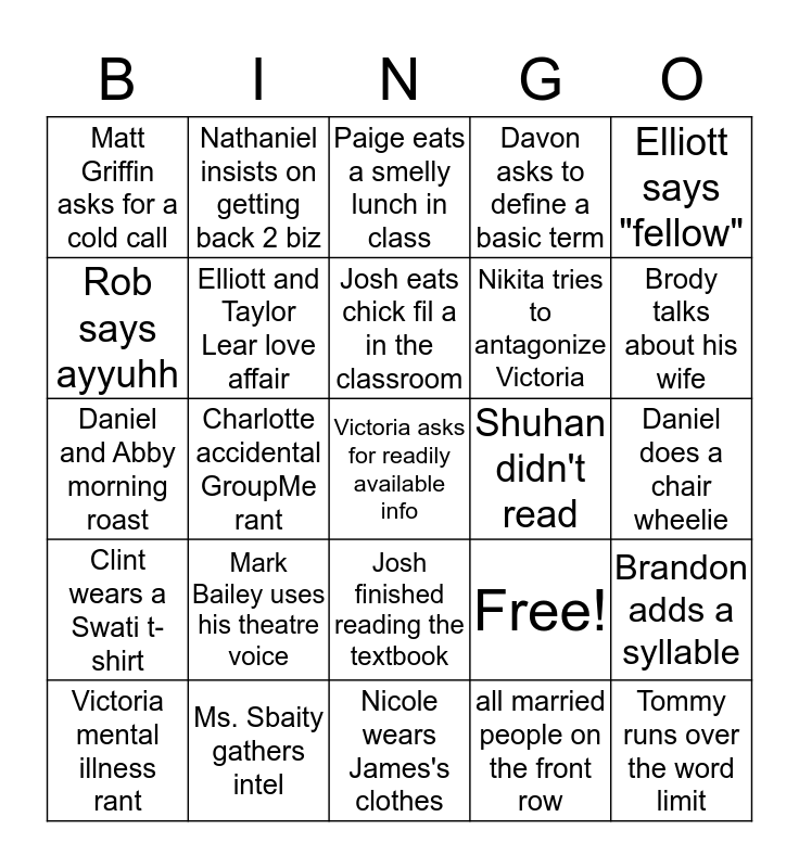 Section X Bingo Card