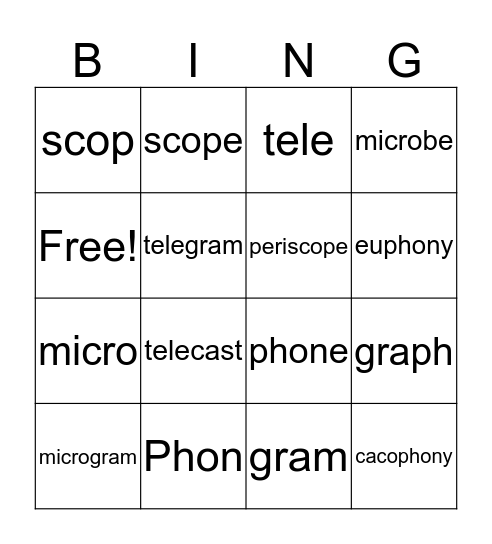 Greek & Latin Roots Bingo Card