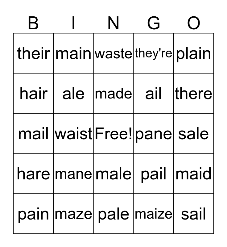 Long -a Homophones Bingo Card
