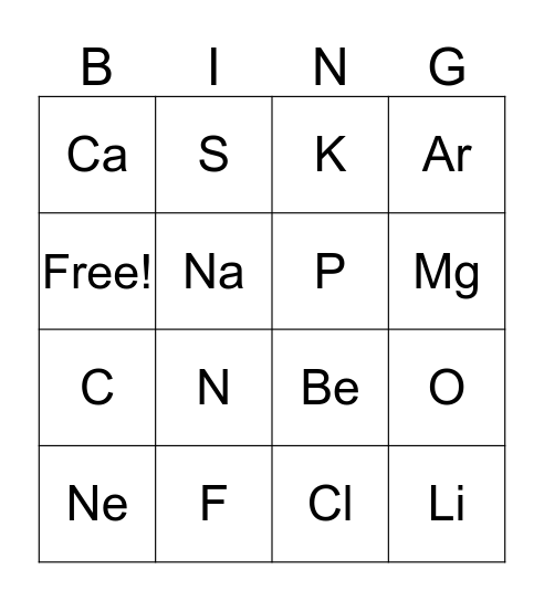 Elements Bingo Card