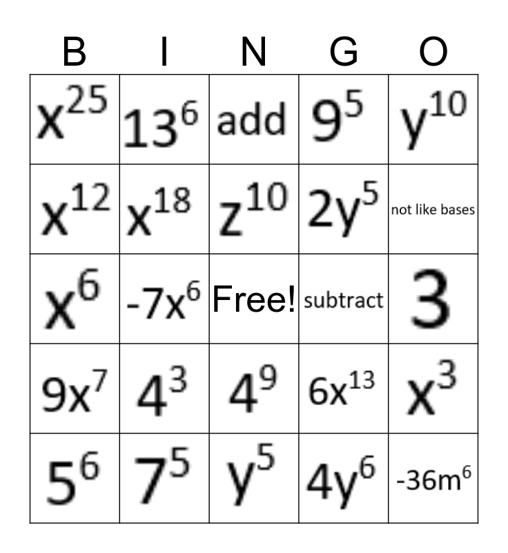 Law of Exponents Bingo Card