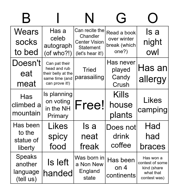 Chandler Center Bingo Card