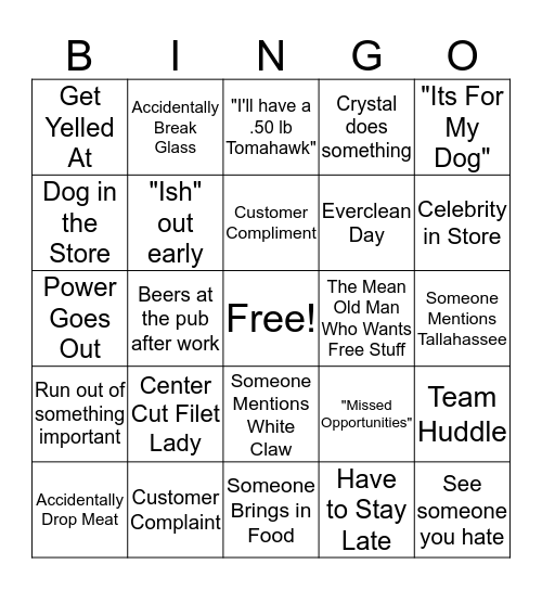 Meat Department Bingo Card