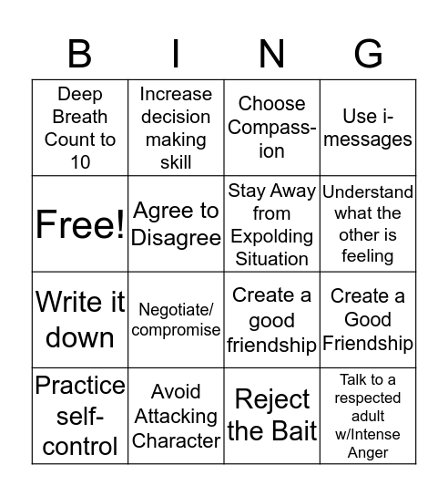 Conflict Resolution Bingo Bingo Card