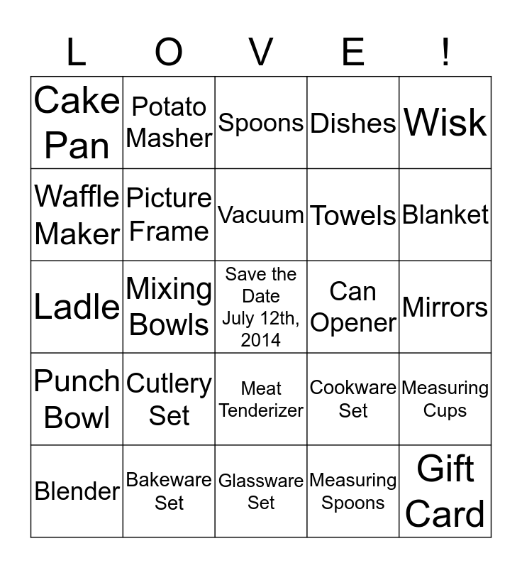 AMY'S BRIDAL SHOWER BINGO Card