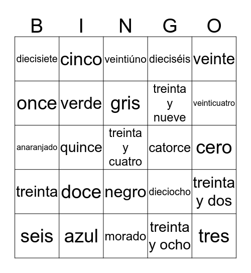 Grade 3 Colores y números Bingo Card