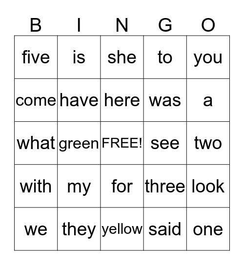 Word Wall Word Bingo Card