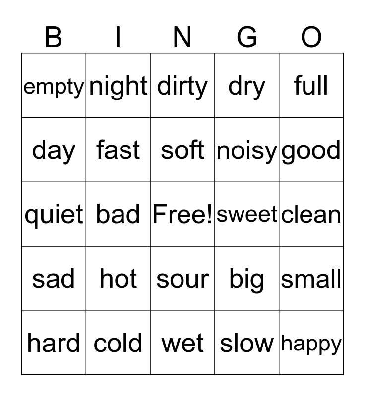 opposites Bingo Card