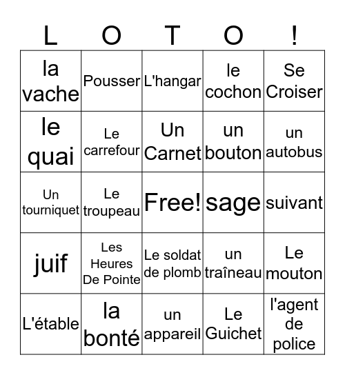 Français Vocabulaire Bingo Card