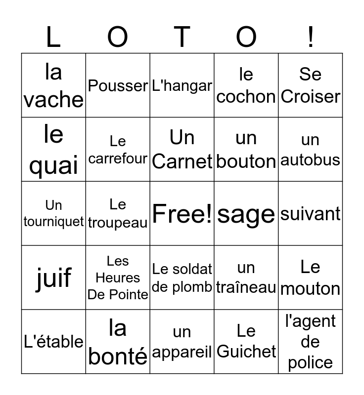 Français Vocabulaire Bingo Card