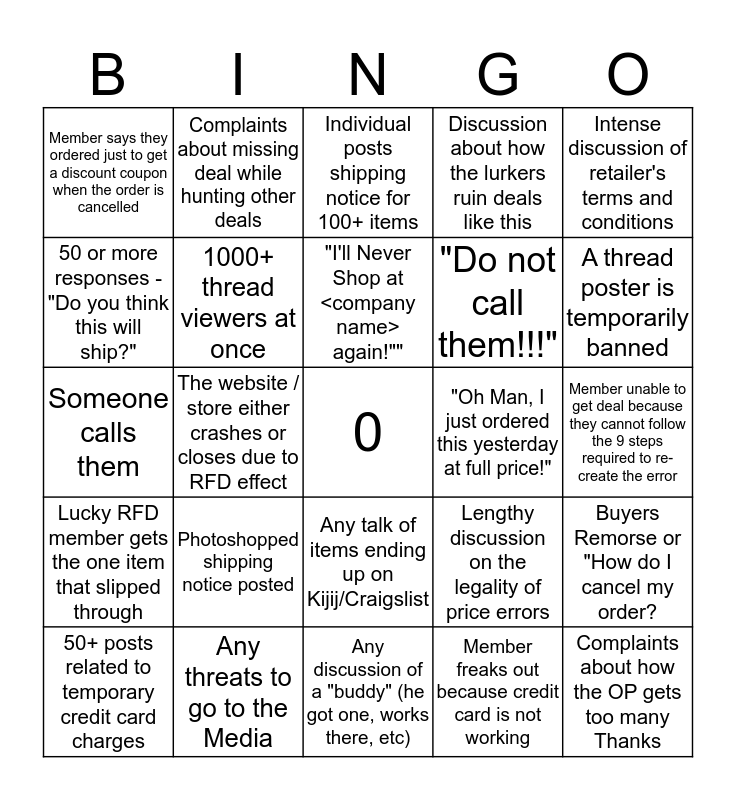 RFD Price Error Bingo Card